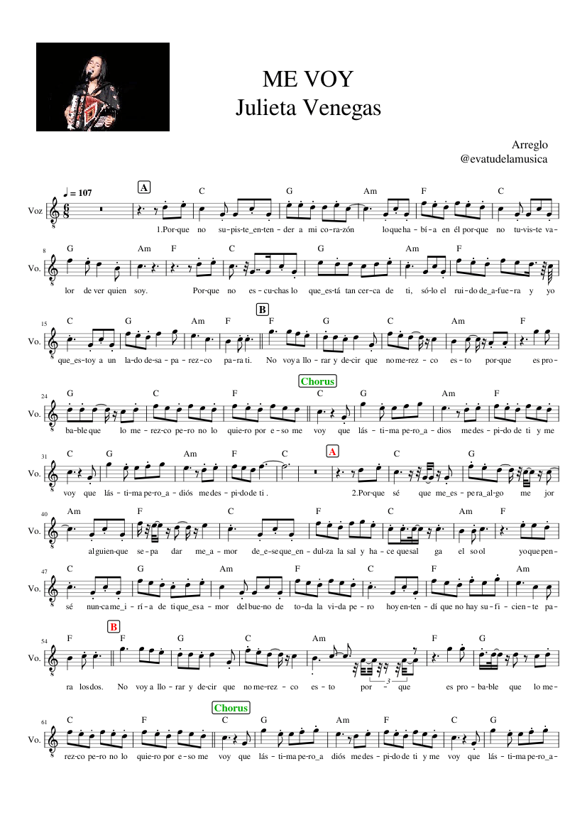 Me voy – Julieta Venegas Sheet Music for Vocals (Mixed Ensemble ...