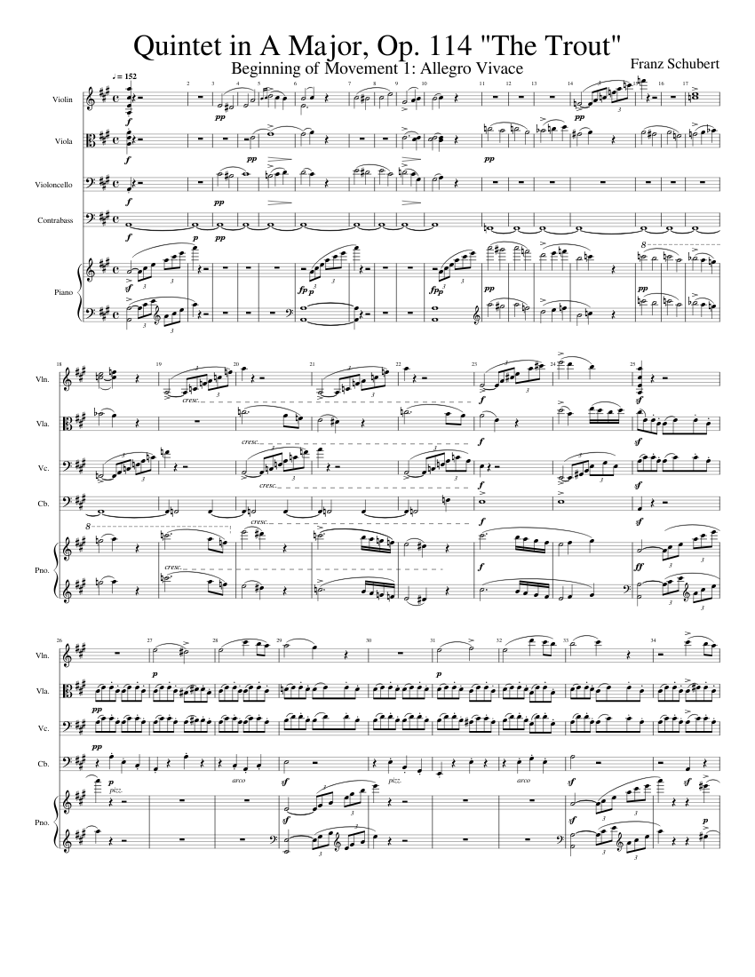 Franz Schubert: Quintet in A Major, Op. 114 "The Trout" Sheet Music for Piano, Contrabass ...