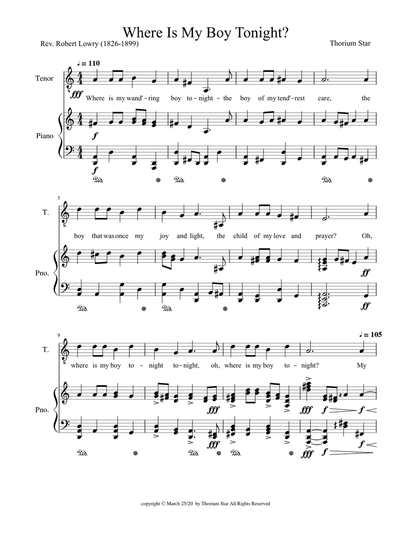 Where Is My Boy Tonight? Words by Rev. Robert Lowry (1826-1899), Music ...