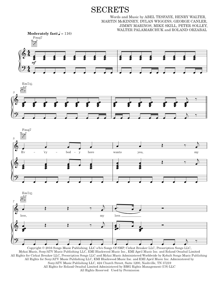 secrets Sheet music for Piano, Vocals by The Weeknd: Music Notes by ...