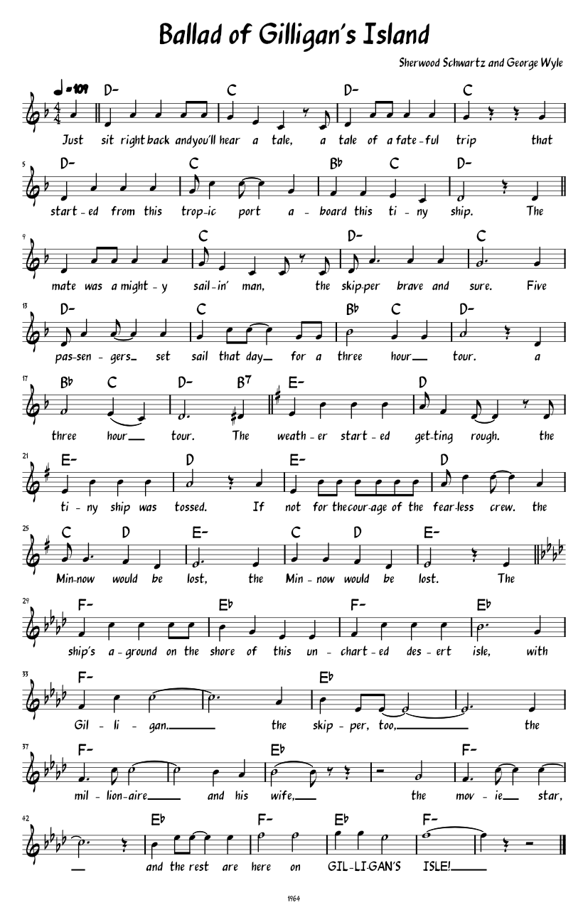 Ballad of Gilligan's Island (Lead sheet with lyrics ) Sheet Music with ...