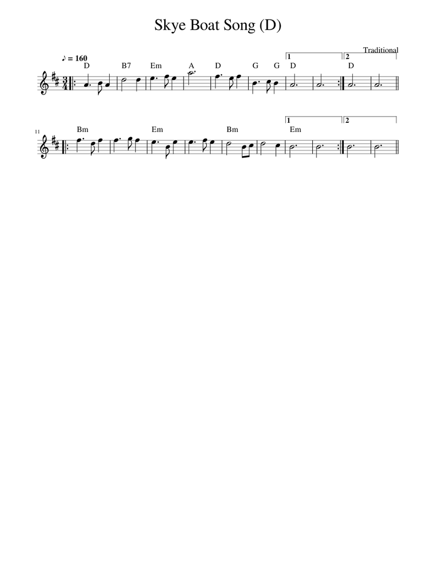 Traditional music - Skye Boat Song (D) Sheet music for Piano (Solo ...