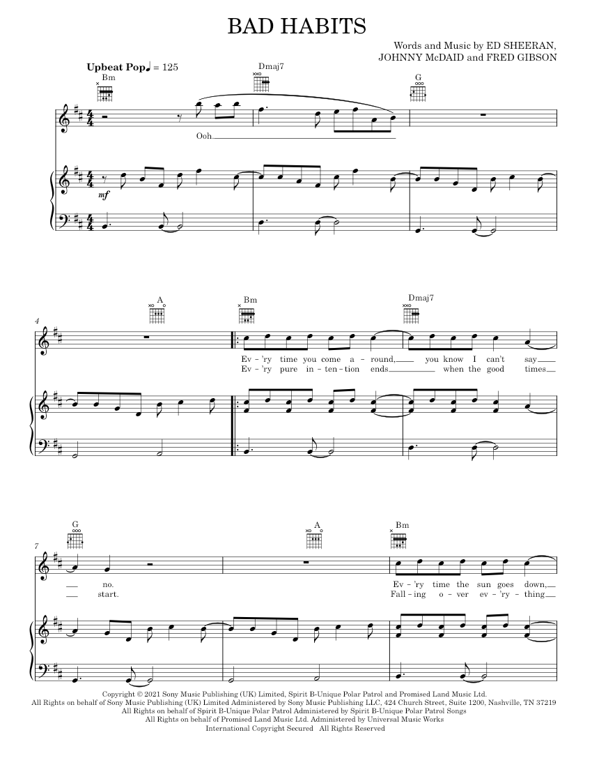 Play Official version of Bad Habits Sheet Music by Ed Sheeran for Piano ...