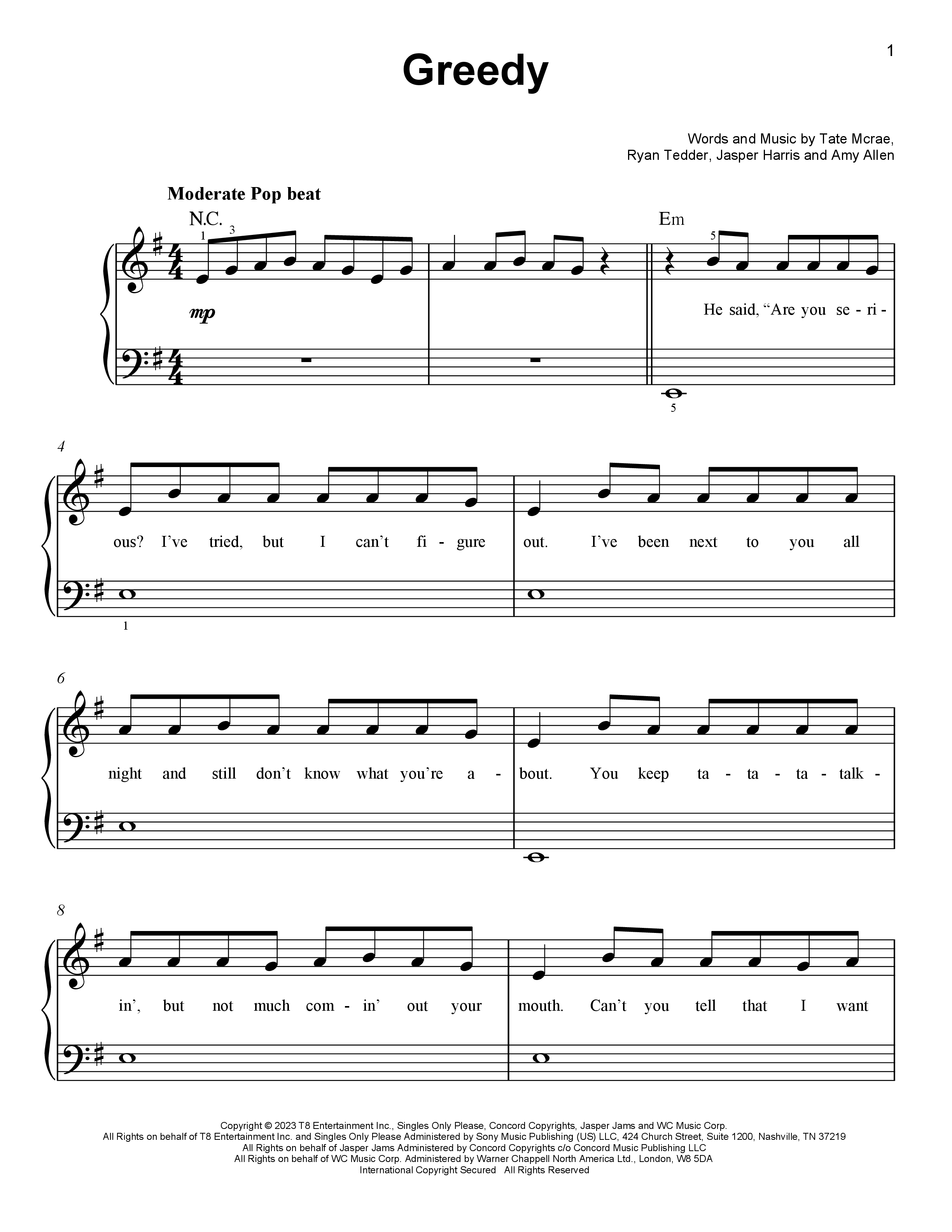 Play Official version of Greedy Sheet Music by Tate McRae for Piano ...