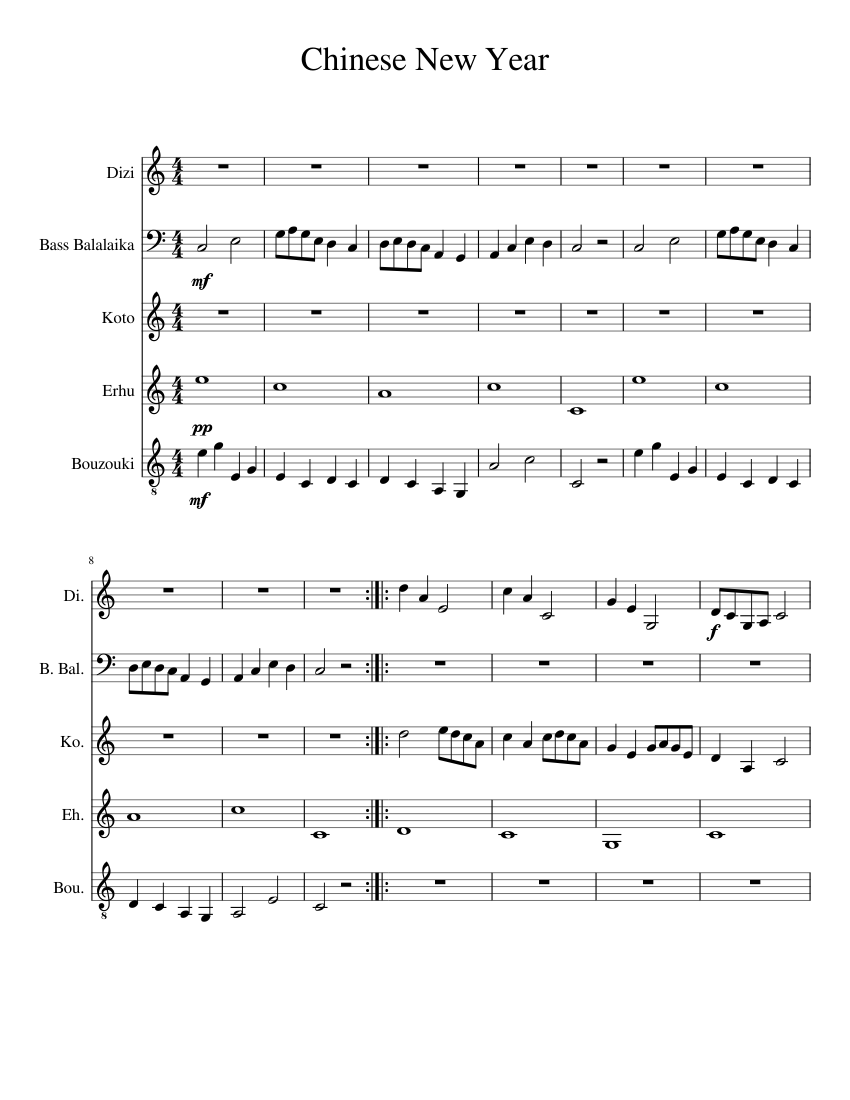 Chinese New Year Sheet music for Bouzouki, Flute other, Erhu, Strings ...