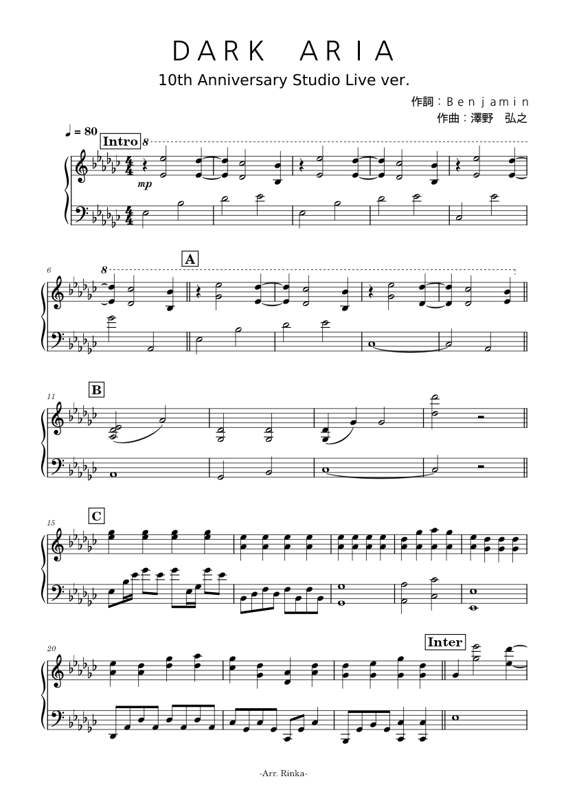 【DARK ARIA・piano Part】 -俺だけレベルアップな件- Sheet Music for Piano (Solo ...