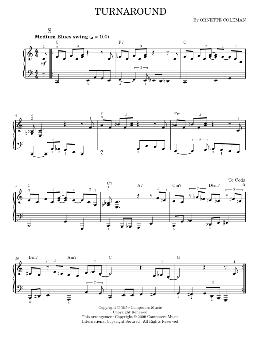 Turnaround [Jazz version] Sheet music for Piano by Ornette Coleman ...