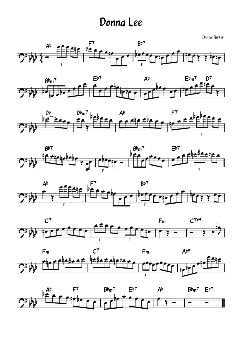 Donna Lee – Charlie Parker - lead sheet, bass clef, up 8va from Real ...