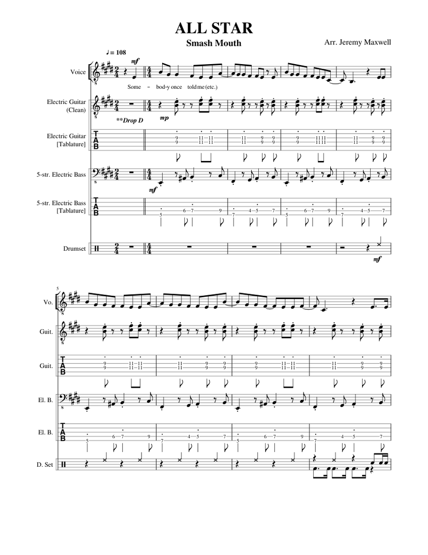 All star – Smash Mouth Sheet music for Vocals, Guitar, Bass guitar ...