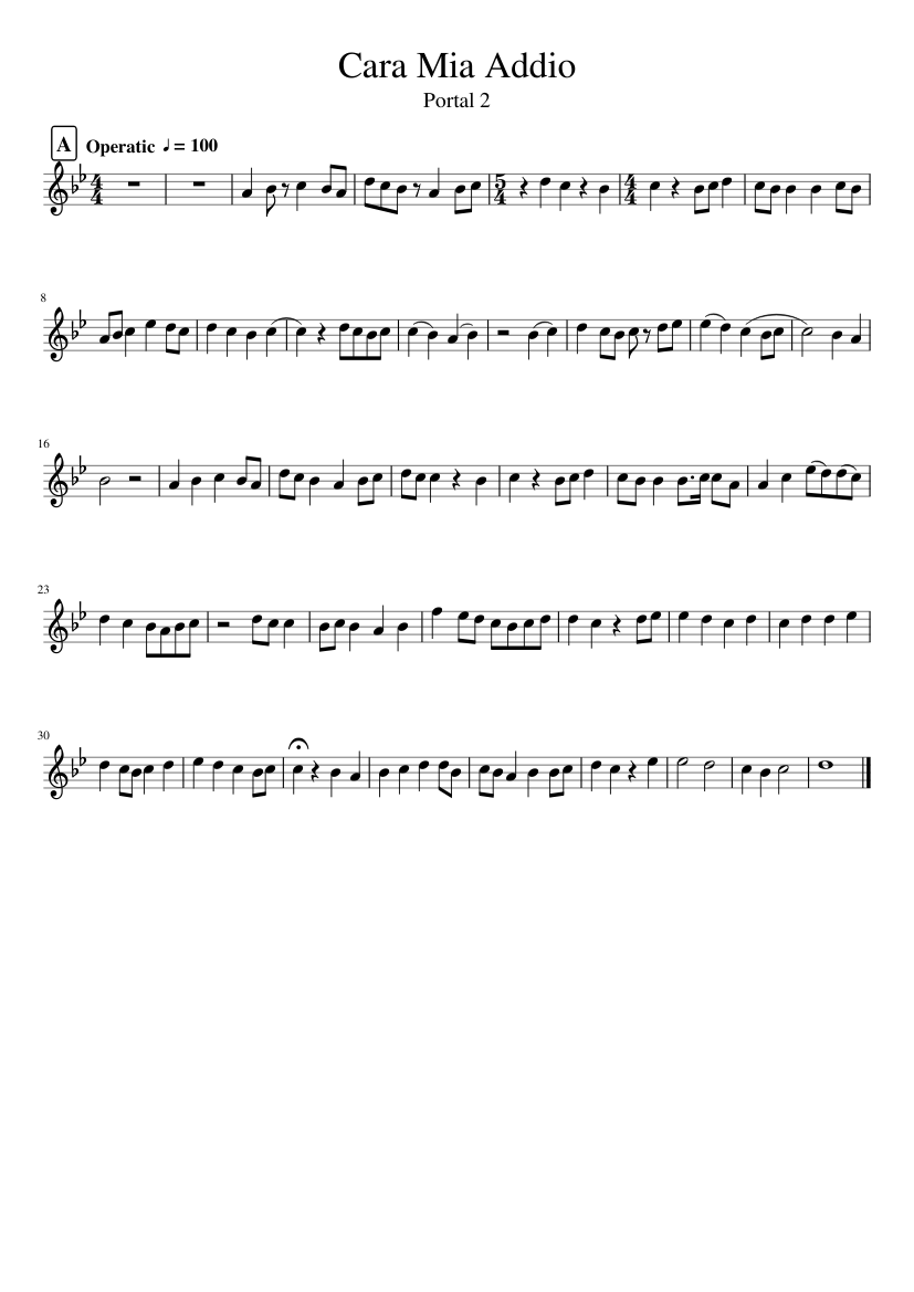 Portal 2 - Cara Mia Addio Sheet Music for Violin (Solo) | MuseScore.com