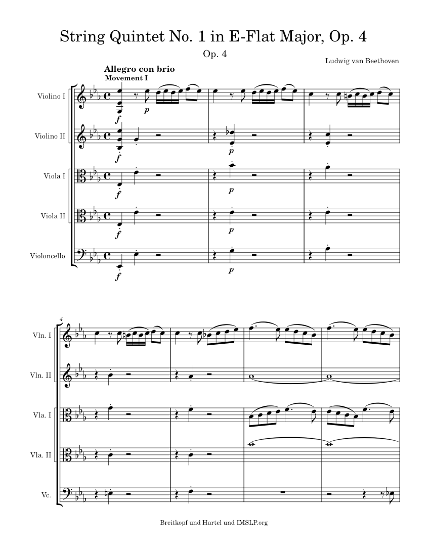 String Quintet No. 1 in E-Flat Major, Op. 4 – Ludwig Van Beethoven String Quintet No. 1 in E ...