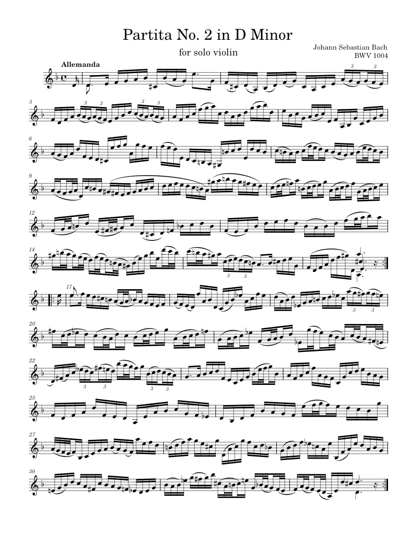 Solo Violin Partita No. 2 in D Minor - J. S. Bach, BWV 1004 Sheet music ...
