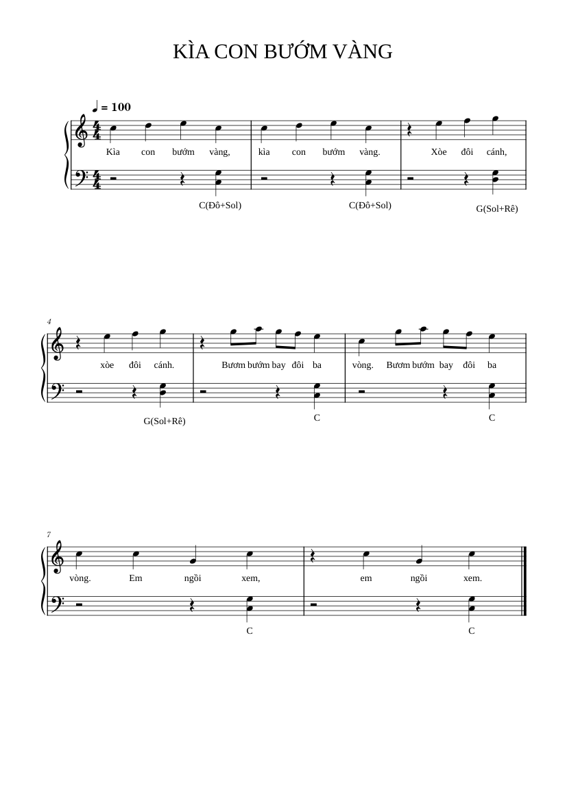 Kìa con bướm vàng - Kata music Sheet music for Piano (Solo) Easy ...