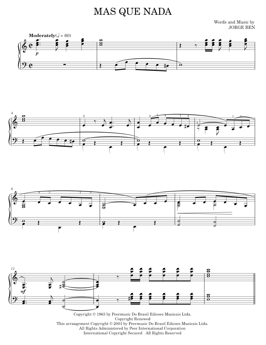Mas Que Nada Sheet music for Piano by Sergio Mendes Official ...