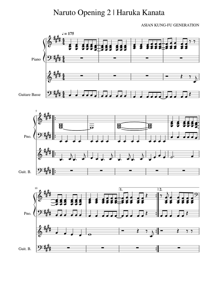 Naruto Opening 2 - Haruka Kanata Sheet music for Piano, Bass guitar ...