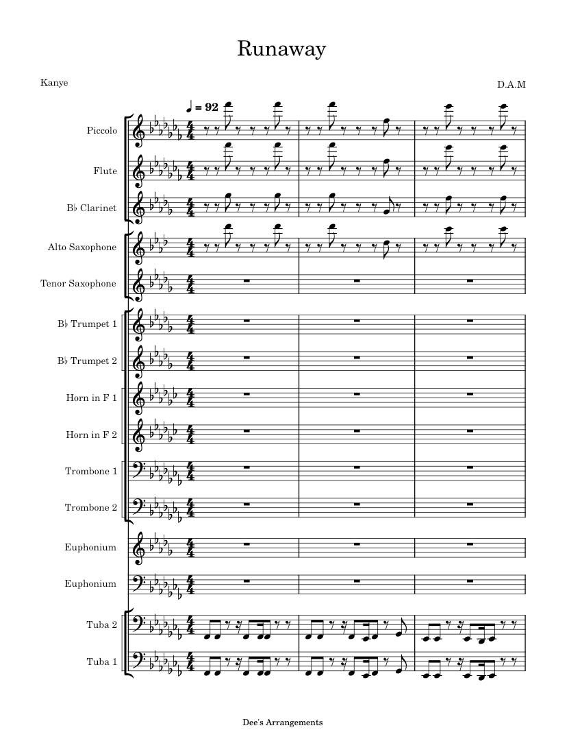 Runaway – Kanye West Sheet Music for Trombone, Euphonium, Tuba, Flute piccolo & more instruments ...