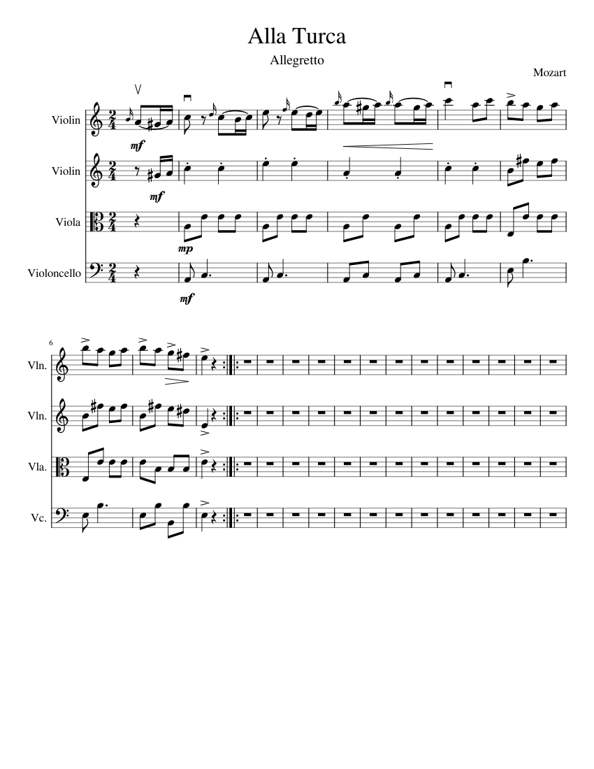 Alla Turca Sheet music for Violin, Viola, Cello (String Quartet ...