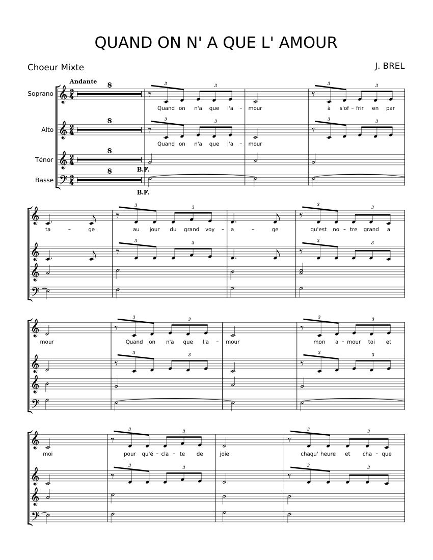 Quand on n'a que l'amour - Jacques Brel Sheet music for Soprano, Alto ...