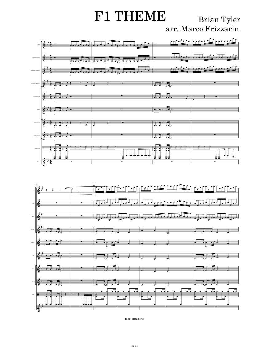 F1 THEME – Brian Tyler Sheet Music for Piano, Flute, Oboe, Clarinet in ...