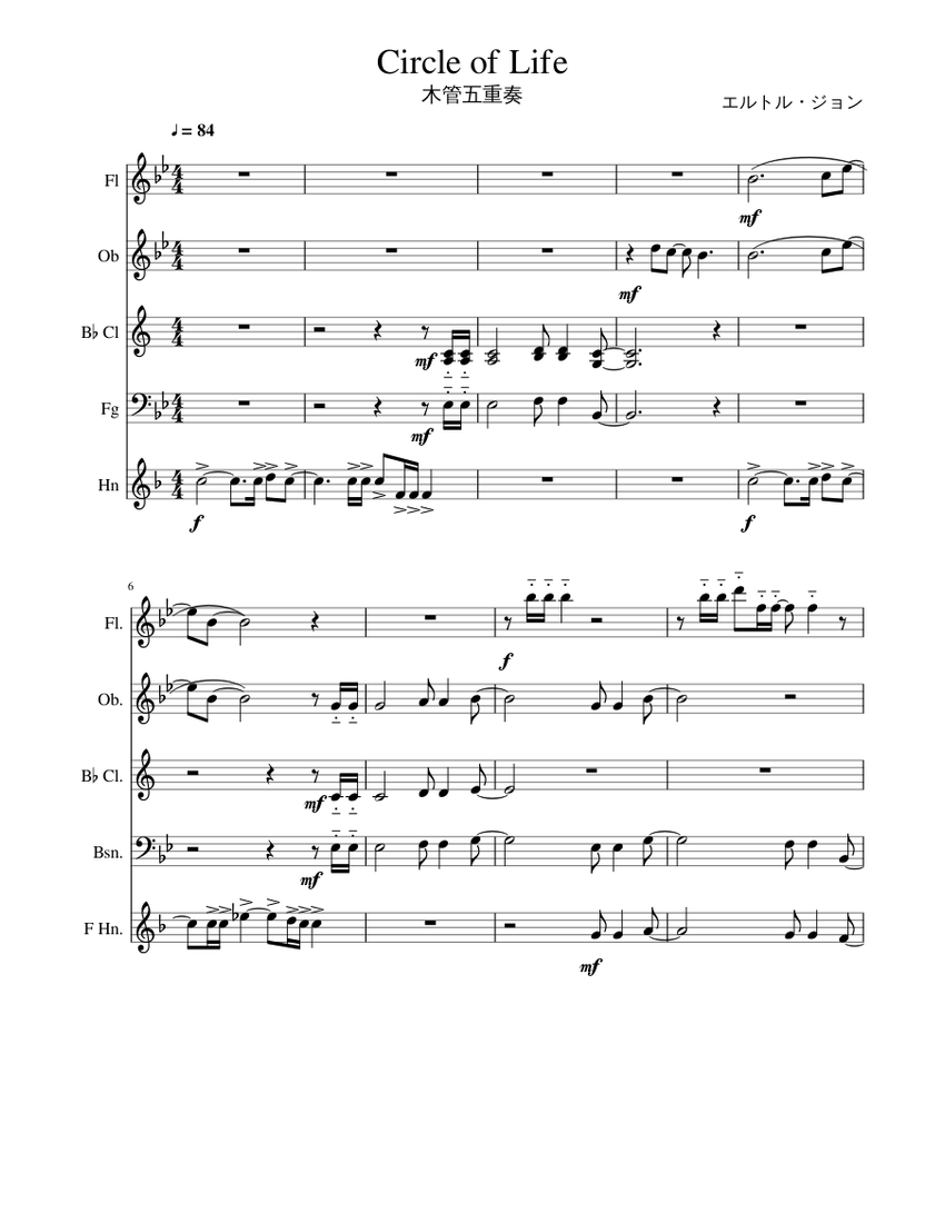 Circle of Life Sheet music for Flute, Oboe, Clarinet in b-flat, Bassoon ...
