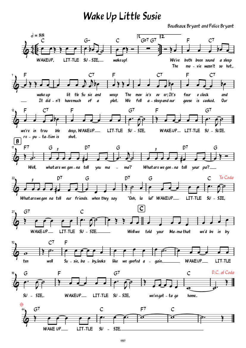 Wake Up Little Susie (Lead sheeet with lyrics ) Sheet music for Piano ...