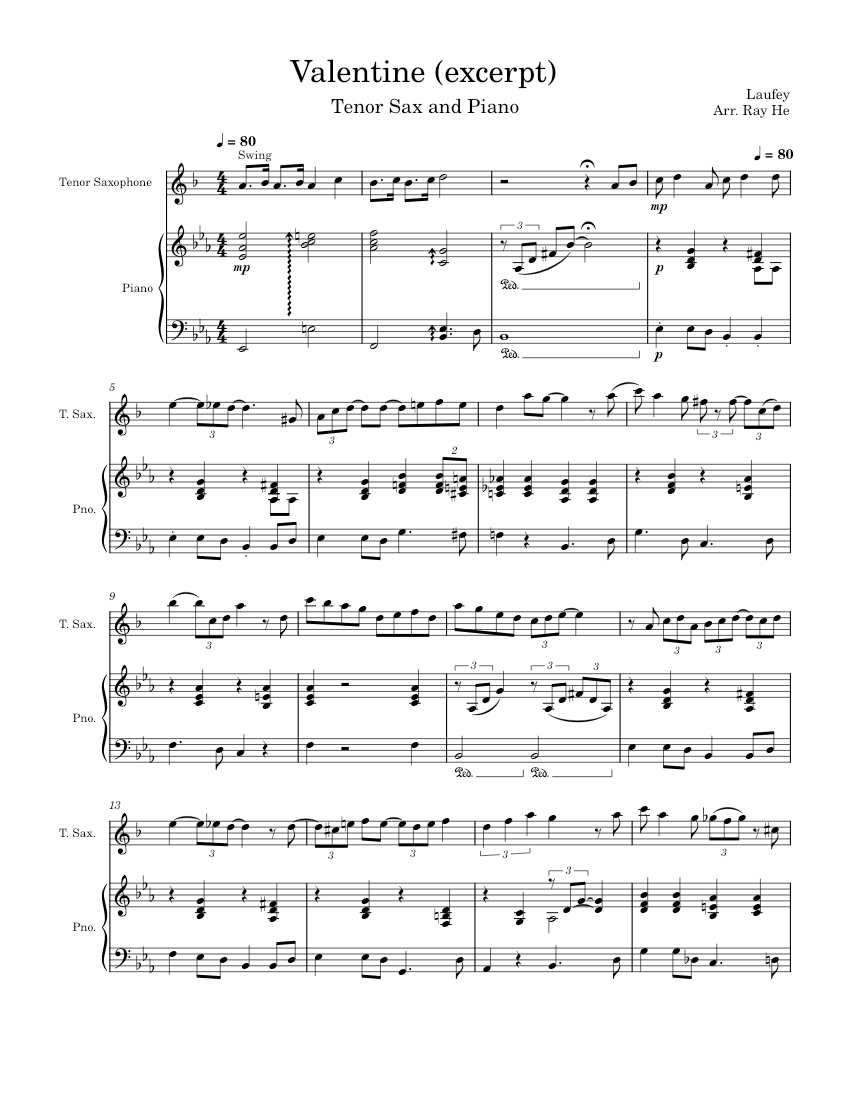 Valentine – Laufey Valentine Sheet Music for Piano, Saxophone tenor ...