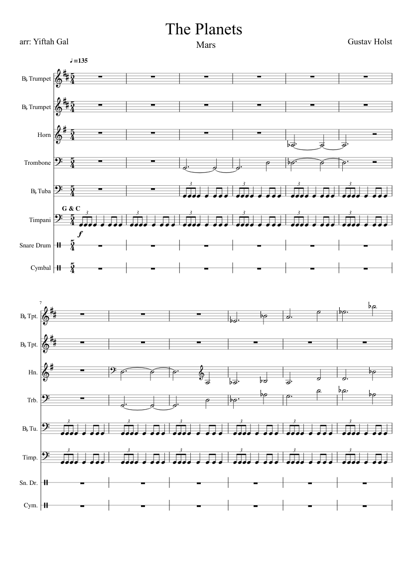 The planets-Mars Sheet music for Trombone, Timpani, Snare drum, Crash ...