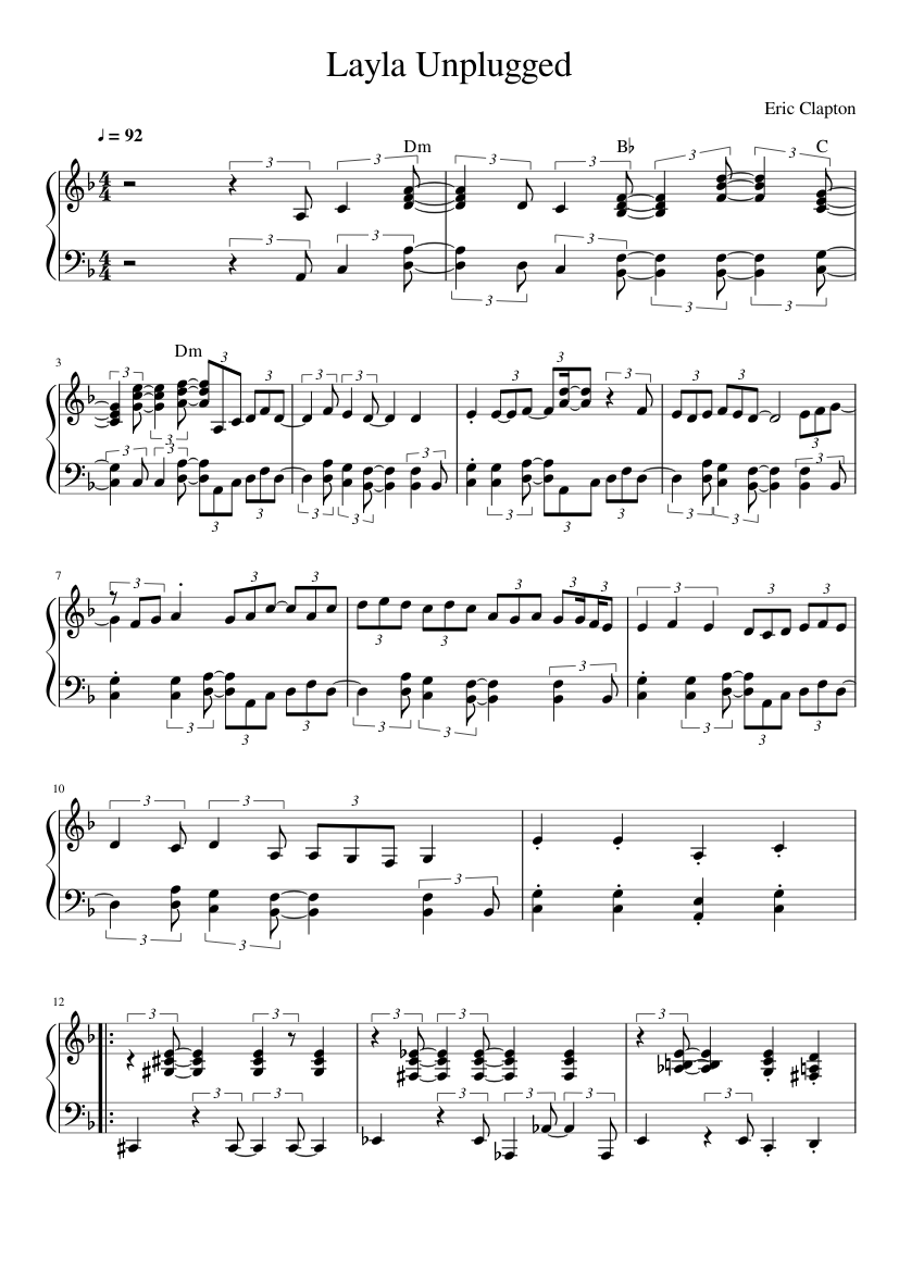 Eric Clapton Layla Unplugged Sheet music for Piano (Solo) | Musescore.com