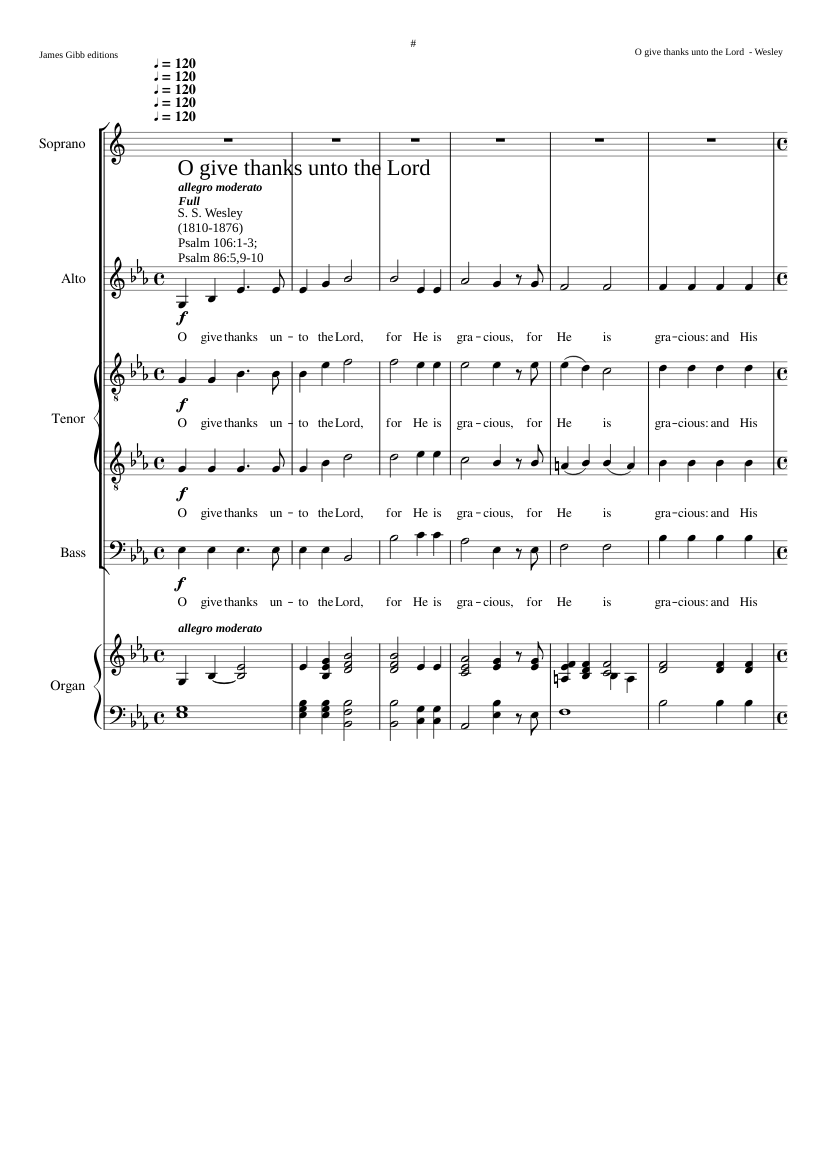 O give thanks - Samuel Sebastian Wesley Sheet music for Organ, Bass ...