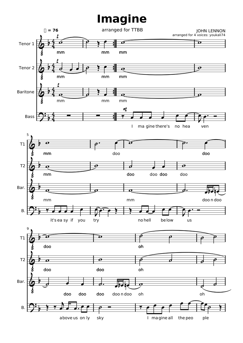 Imagine – John Lennon Sheet music for Alto, Tenor, Bass voice (A ...