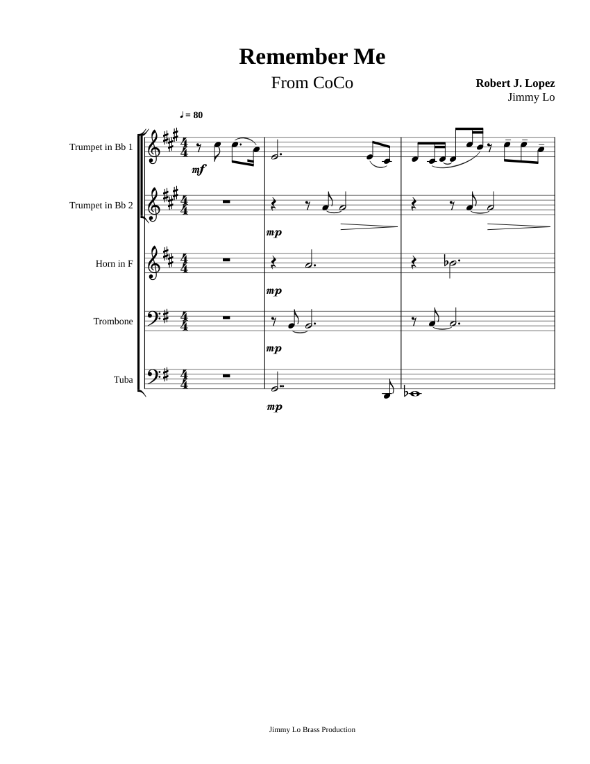 Remember Me - Brass quintet sheet music Sheet music for Trombone, Tuba ...