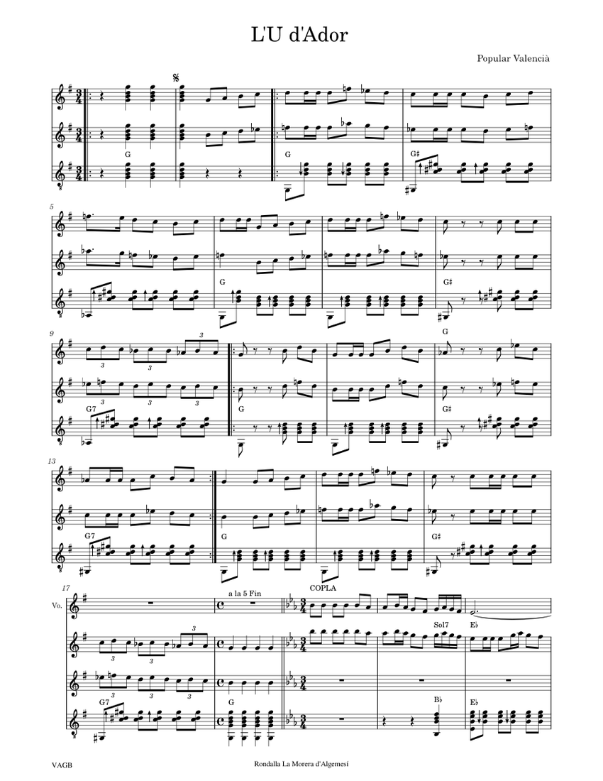 L'U d'Ador – Popular Valencià Sheet music for Vocals, Guitar, Strings ...