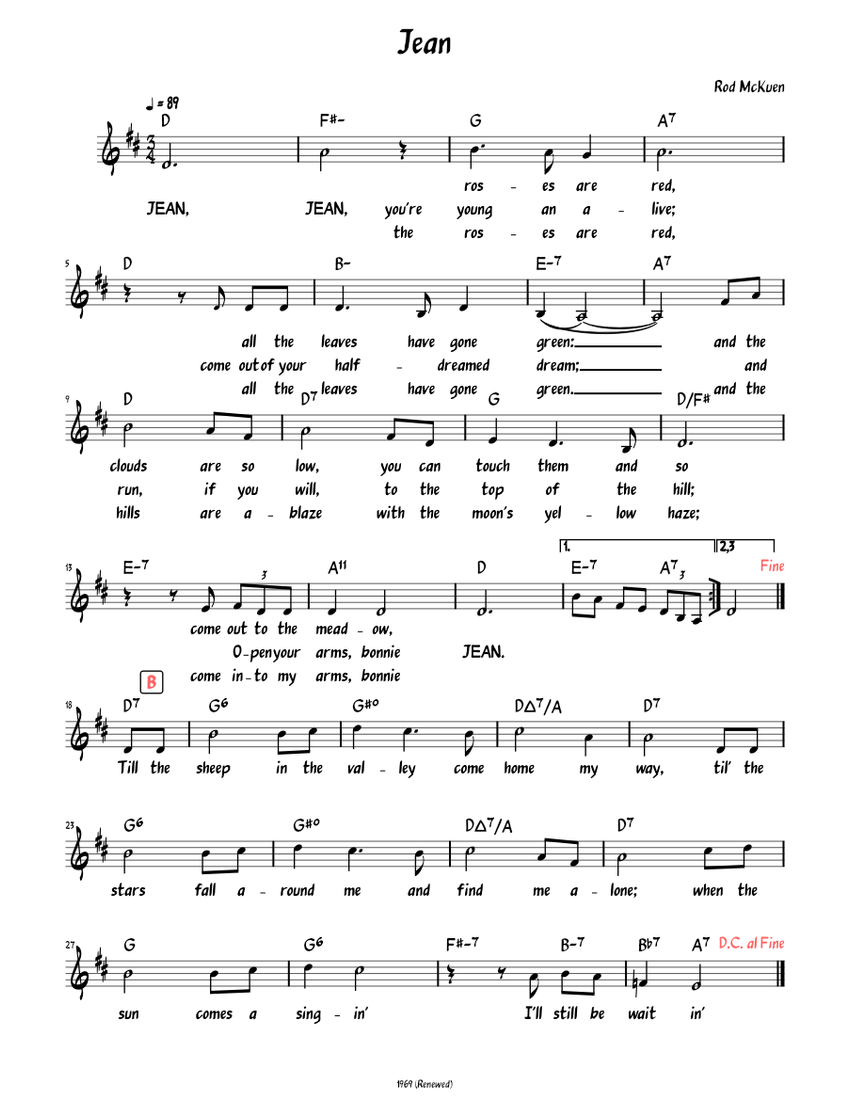 Jean (Lead sheet with lyrics ) Sheet music for Piano (Solo) Easy ...