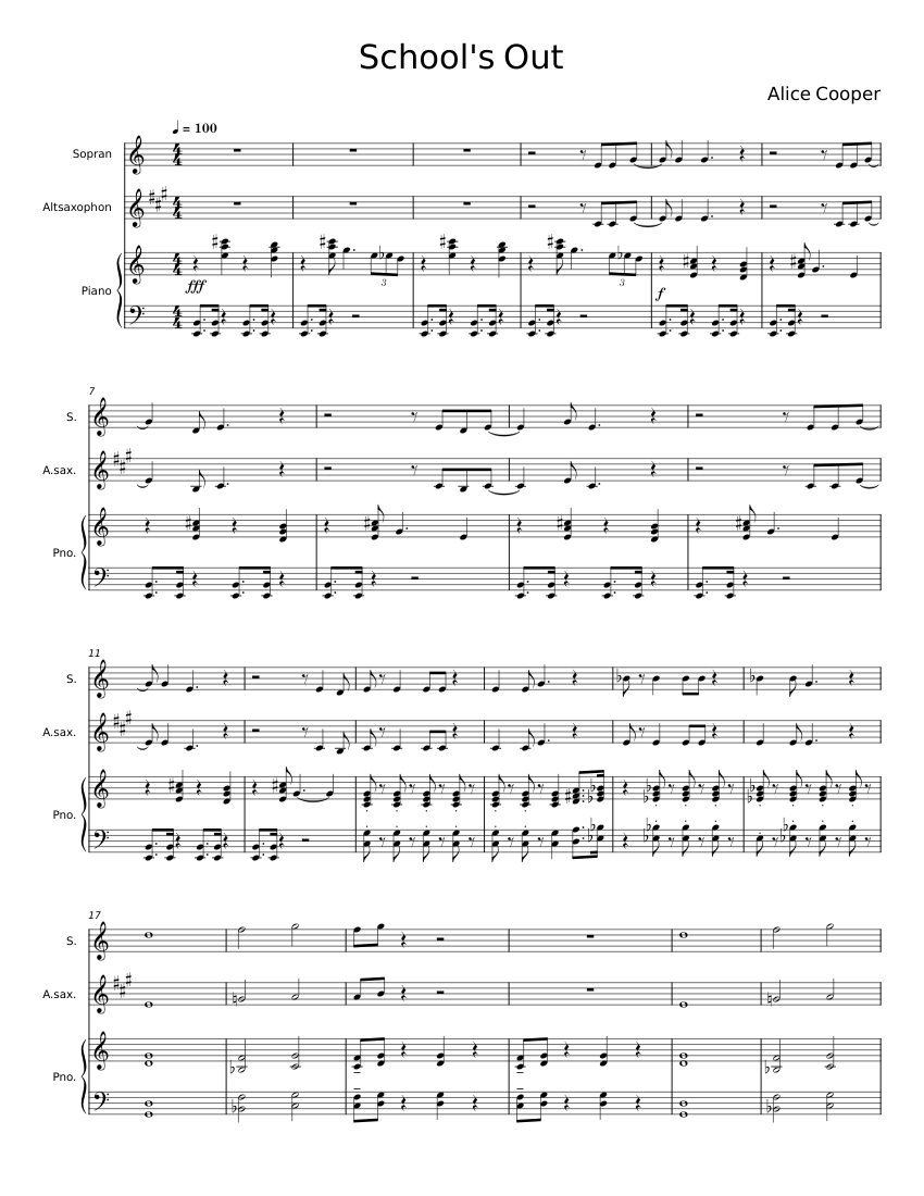 School's Out - Alice Cooper Sheet Music for Piano, Saxophone alto ...