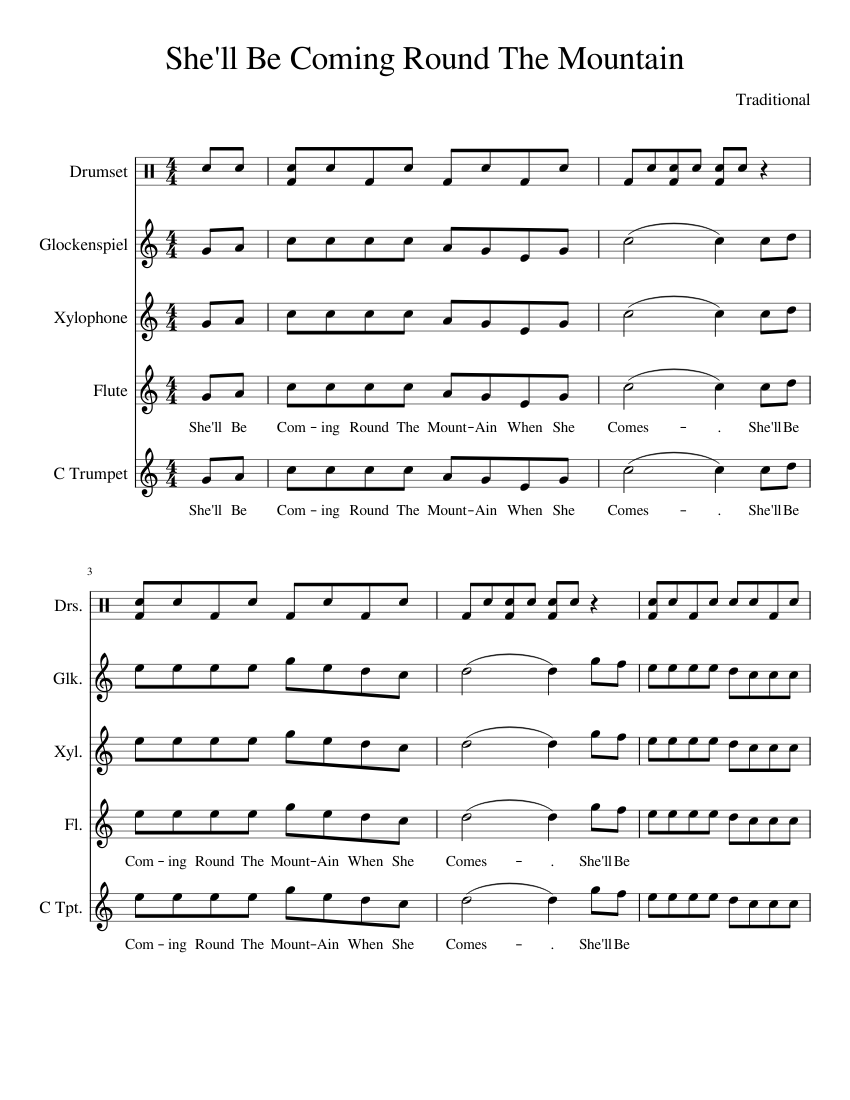 She'll Be Coming Round The Mountain Sheet music for Flute, Drum Group ...