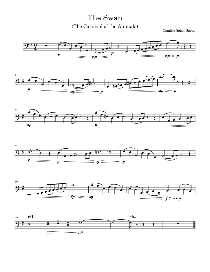 The swan for Bassoon ( Carnival of the Animals) Sheet Music for Bassoon ...
