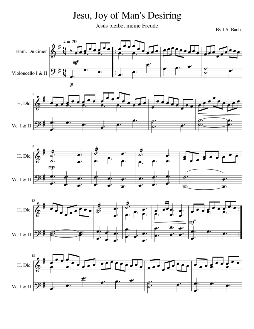 Jesu Joy of Mans Desiring Sheet music for Cello, Percussion - pitched ...