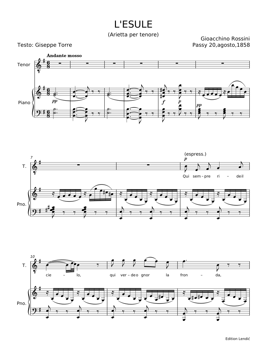 L'Esule - Gioacchino Rossini Sheet Music for Piano, Tenor (Mixed Trio) | MuseScore.com