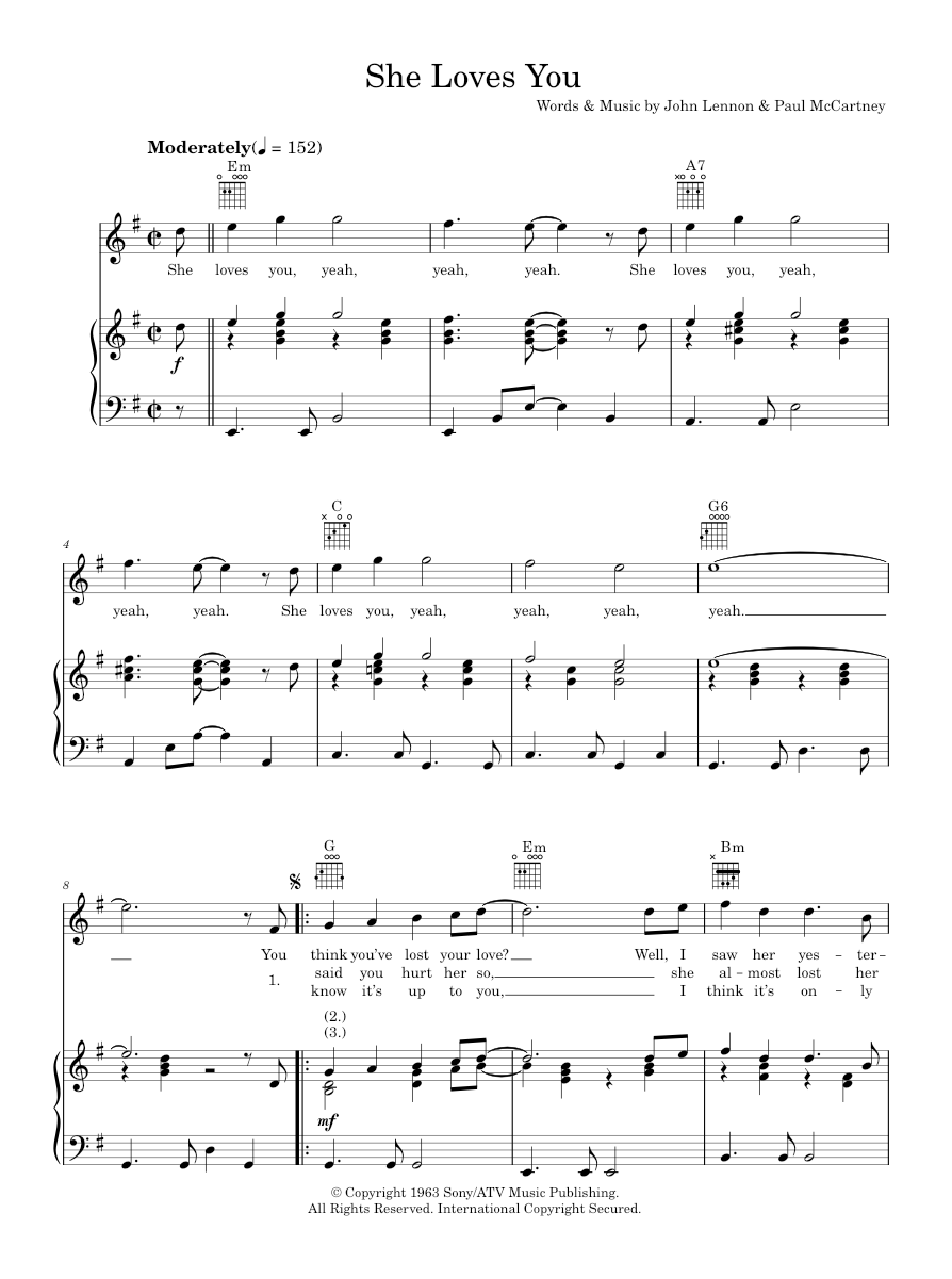 she loves you Sheet music for Piano, Vocals by The Beatles Official ...