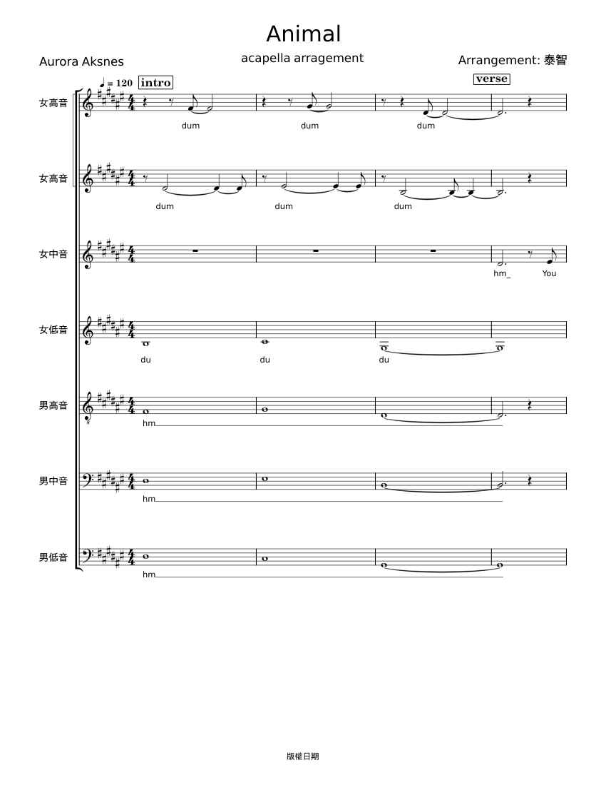 Animal - Aurora Aksnes Sheet Music for Piano (Mixed Ensemble ...