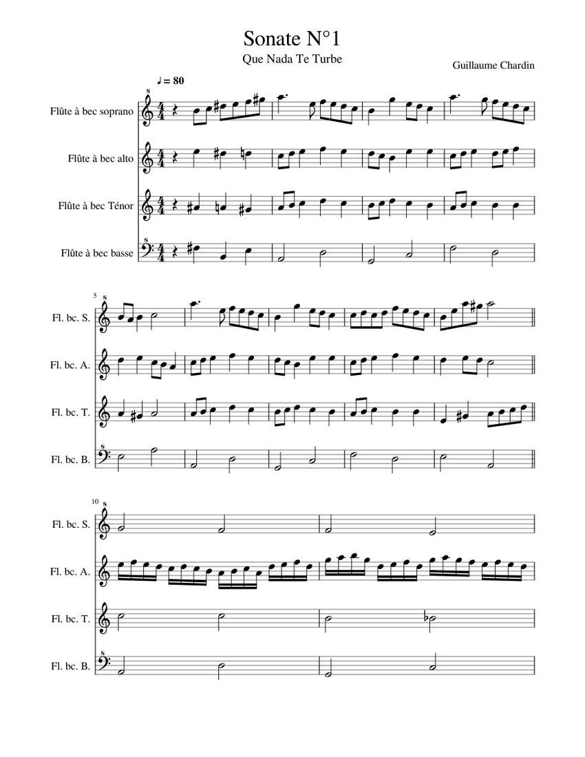 Sonate N°1 Que Nada Te Turbe Sheet music for Recorder (Mixed Quartet ...