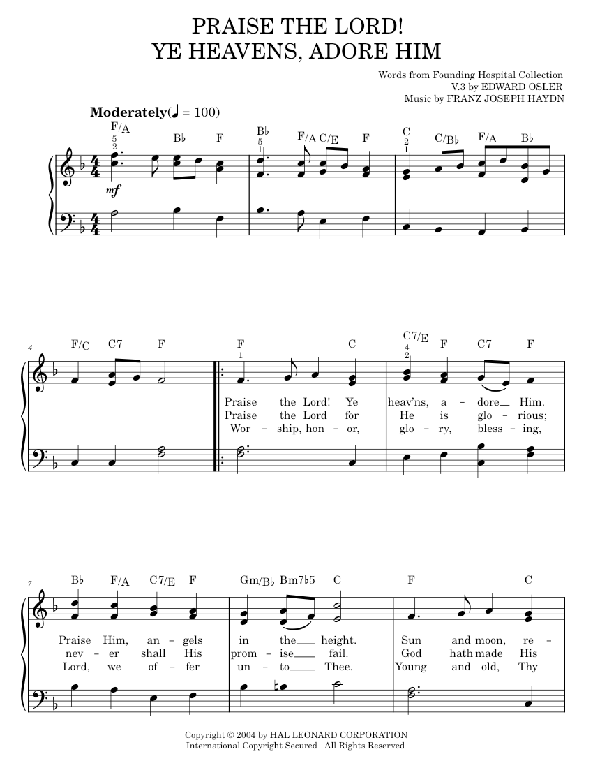 Praise The Lord! Ye Heavens, Adore Him Sheet music for Piano by August ...