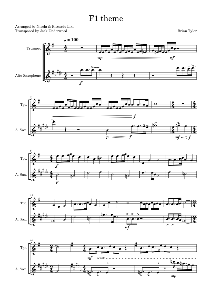 F1 theme (For Alto Sax and Trumpet) Sheet music for Saxophone alto ...