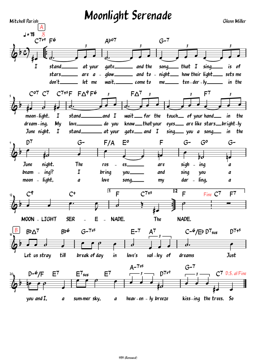 Moonlight Serenade (Lead sheet with lyrics ) Sheet Music for Piano ...