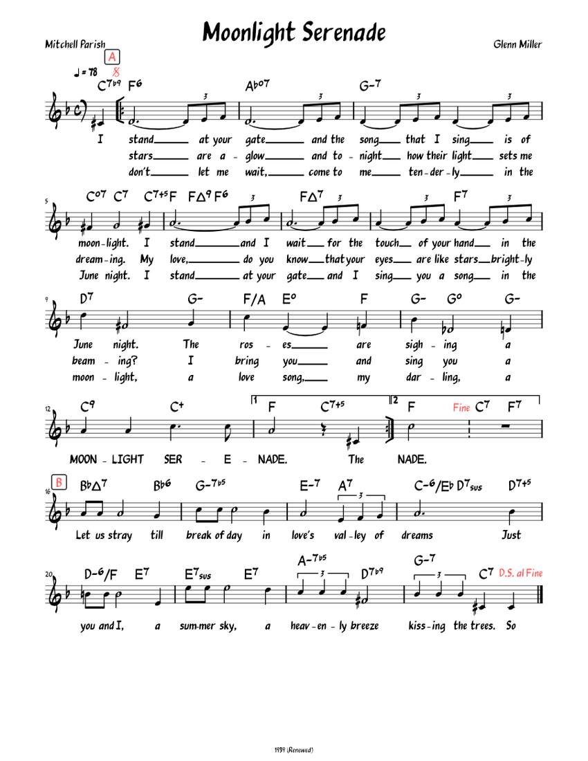 Moonlight Serenade (Lead sheet with lyrics ) Sheet music for Piano ...