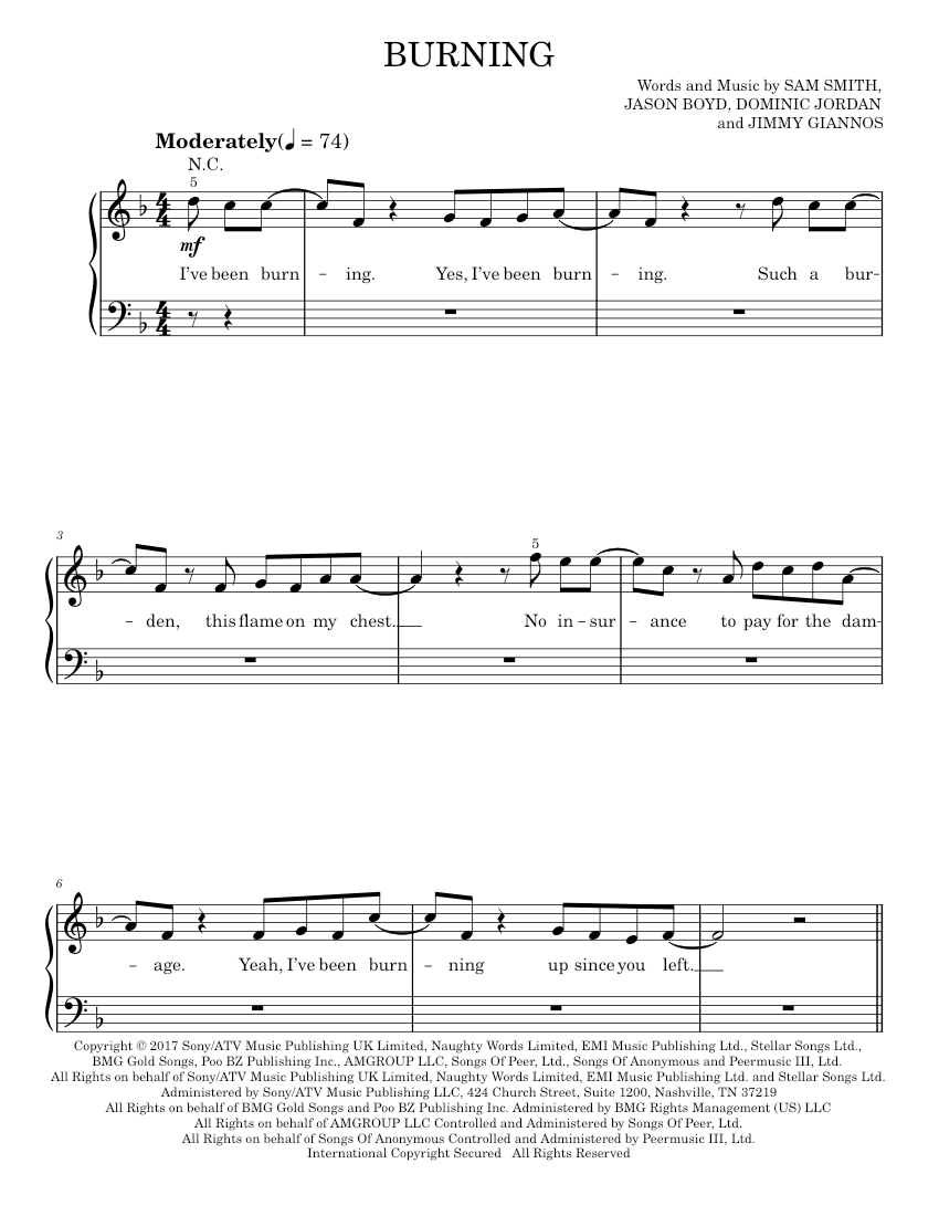 Play Official version of Burning sheet music by Sam Smith for Piano ...