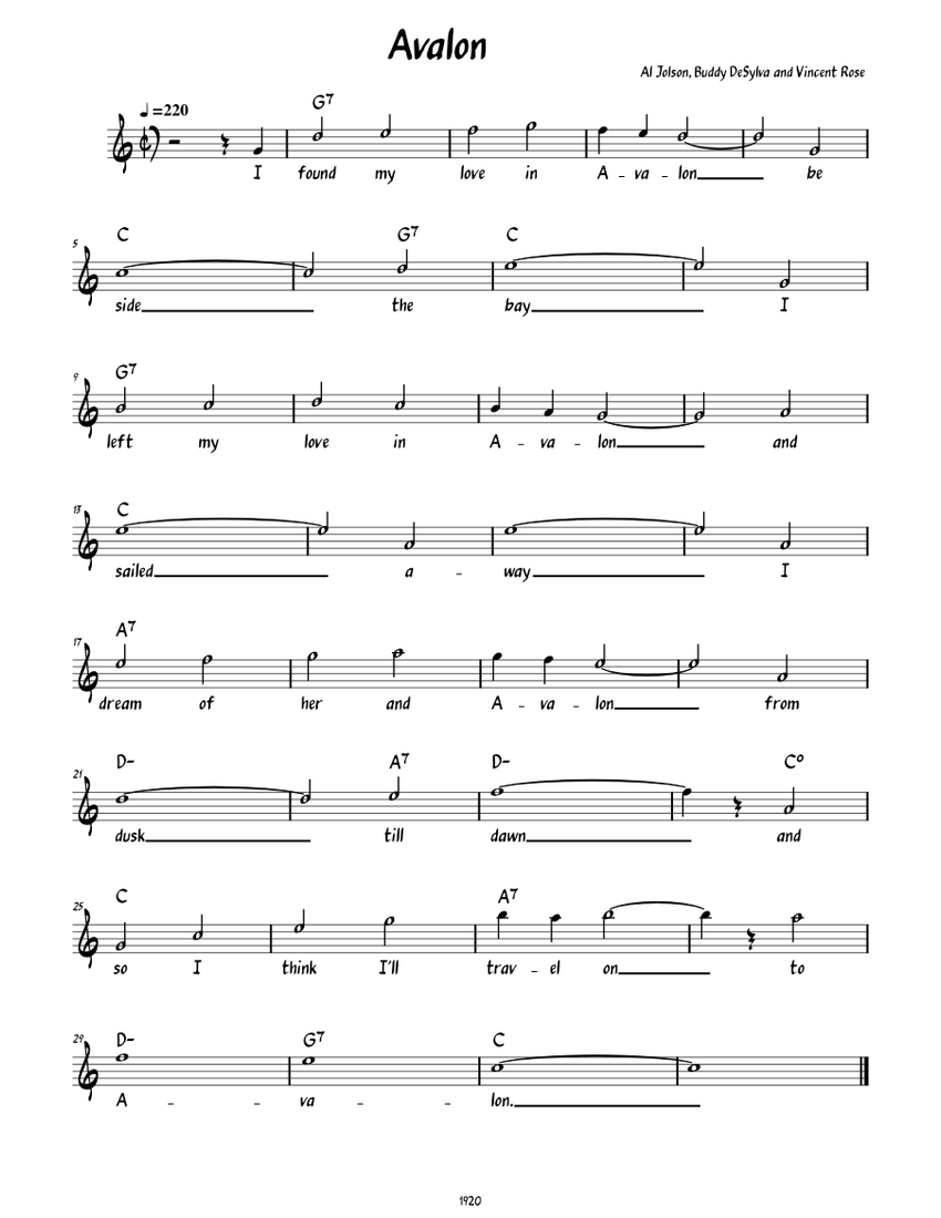 Avalon (Lead sheet with lyrics ) Sheet music for Piano (Solo ...