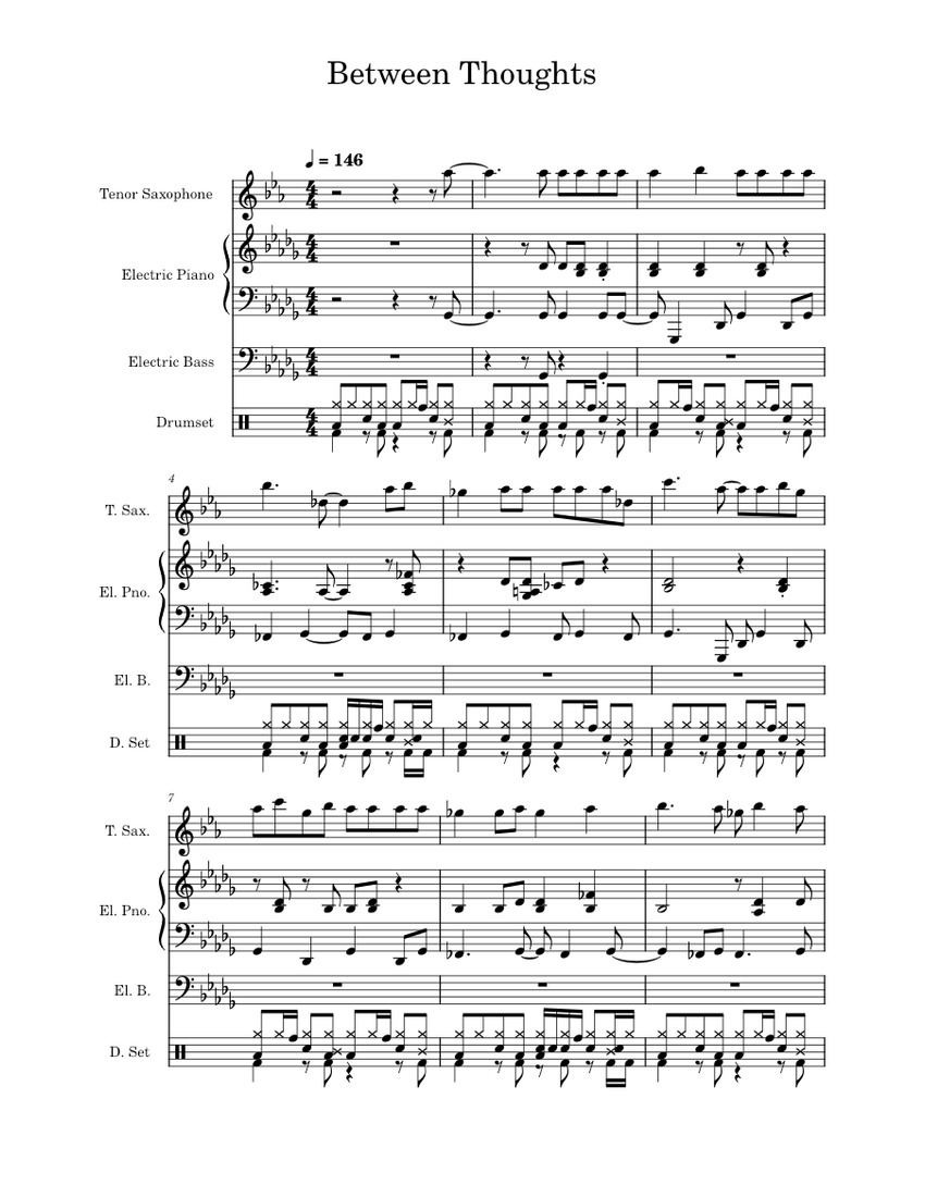 Between Thoughts Sheet music for Piano, Saxophone tenor, Bass guitar ...