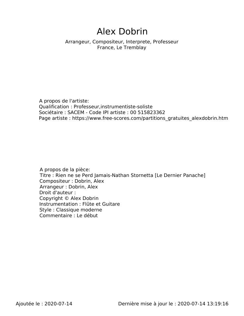 Rien ne se Perd Jamais-Nathan Stornetta - Alex Dobrin Sheet Music with ...