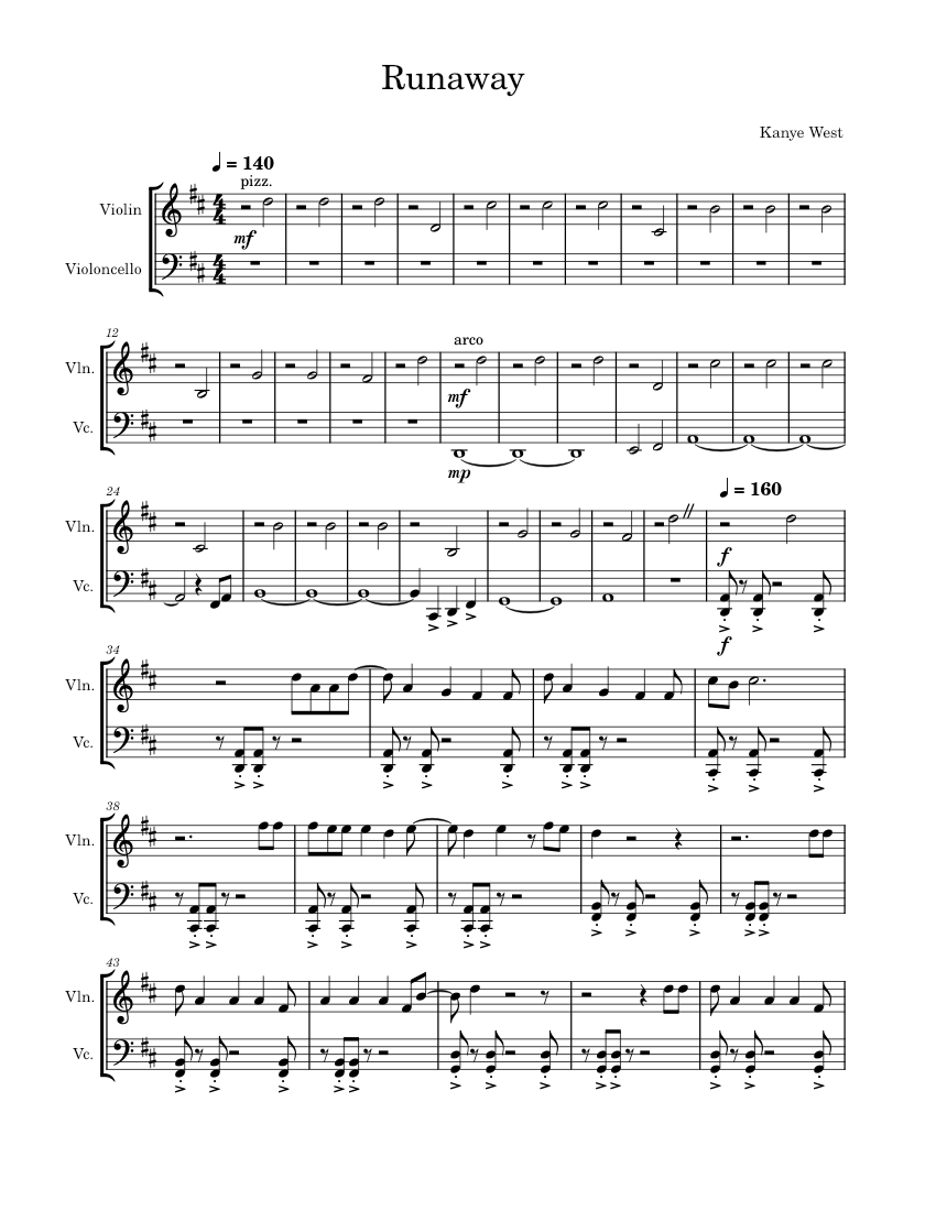 Runaway – Kanye West Sheet Music for Violin, Cello (String Duet) | MuseScore.com